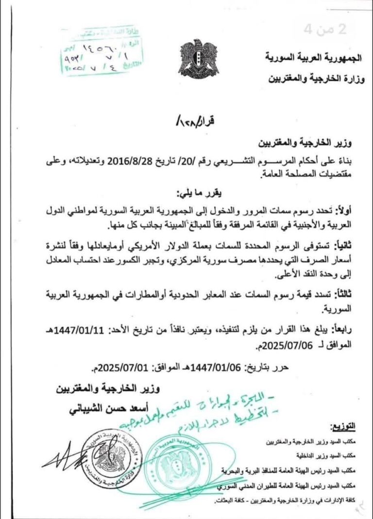 Syria to Announce New Visa Fees for All Entries
